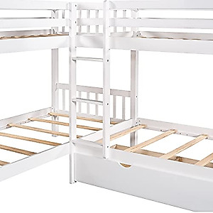 RORIGAT Twin Over Twin Quad Bunk Bed with Trundle Bed, L-Shape Bunk Bed for 4 with Ladder, Wooden Corner Bunk Bed for 4 Kids Boys Girls Teens,Gray
