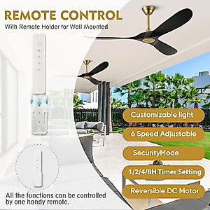 52 inch Black Outdoor Ceiling Fan No Light with Remote, 3 Blade Wood Ceiling Fan with Wall Control Quiet DC Motor Memory Function Black Gold Ceiling Fan for Farmhouse Indoor Wet Rated Patios