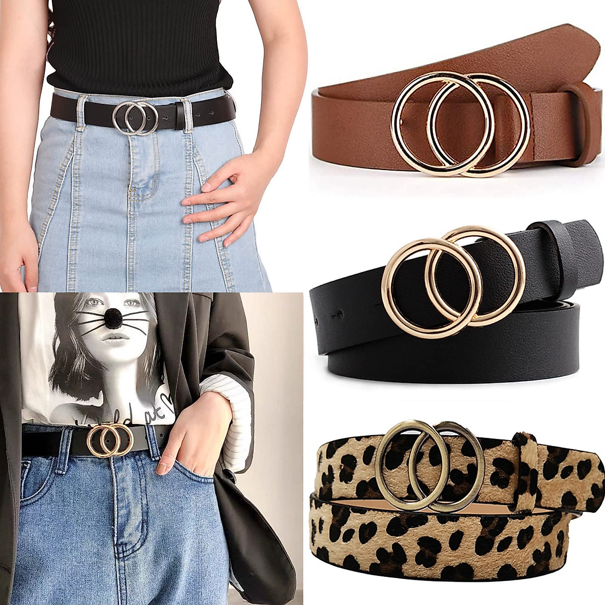 Tergy 6 Pieces Faux Leather Waist Belt for Women Double O-Ring Belt for Jeans Dresses Pants