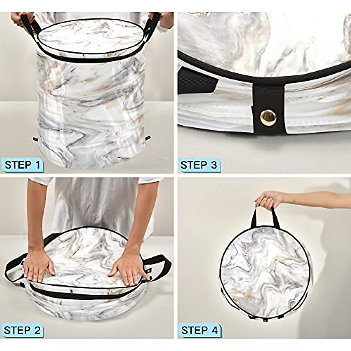 xigua Marble Ink Texture Pop Up Laundry Hamper Bucket Cylindric, Foldable Clothes Bag, Folding Washing Bin,Large Capacity Zipper Lid Laundry Storage Basket