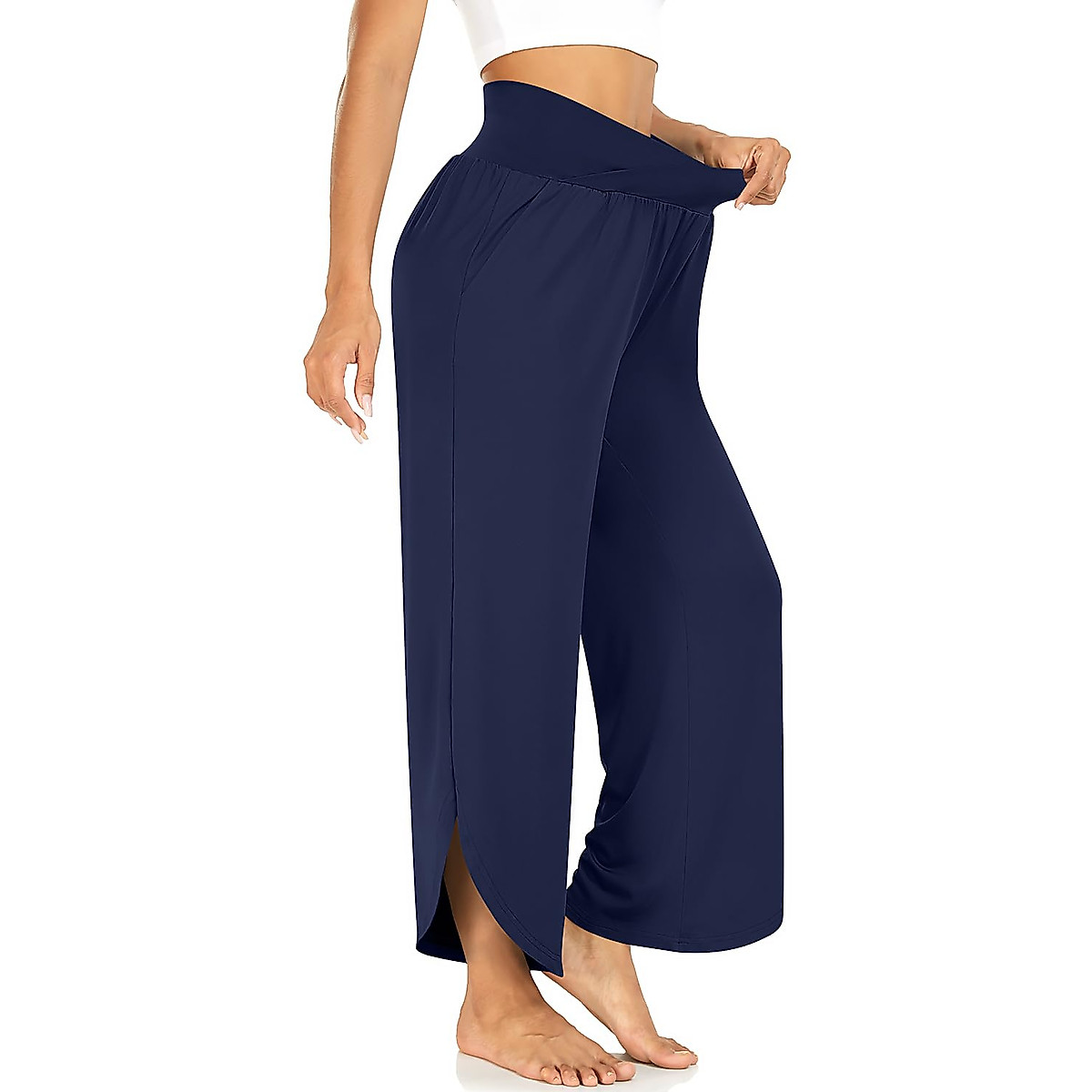 TARSE Womens Wide Leg Yoga Pants Cross High Waisted Capris Plus Size Palazzo Split Leg Trousers Casual Flared Sweatpants with Pockets (Navy,XL)