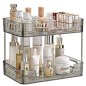 CESTATIVO Bathroom Organizer Countertop, 2 Tier Vanity Tray, Skincare Makeup Organizer Shelf, Vanity Organizer, Bathroom Counter Shelf for Cosmetics, Toiletries, Lotions, Perfumes, Clear