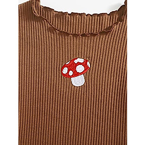 SOLY HUX Girl's Cartoon Embroidery Short Sleeve Tee Lettuce Trim Crop Top T Shirt Mushroom Brown 8Y