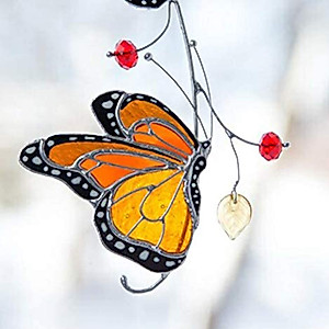 dxS8hhuo Stained Monarch Butterfly Glass Window Decor, Hanging Butterfly Decorations, Stained Glass Wall Art for Garden Yellow