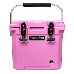 CAMP-ZERO 12 | 12.6 Qt. Cooler with 2 Molded-in Cup Holders & Folding Aluminum Handle | Thick Walled, Freezer Grade Cooler with Secure Locking System & Tie Down Channels (Pink)