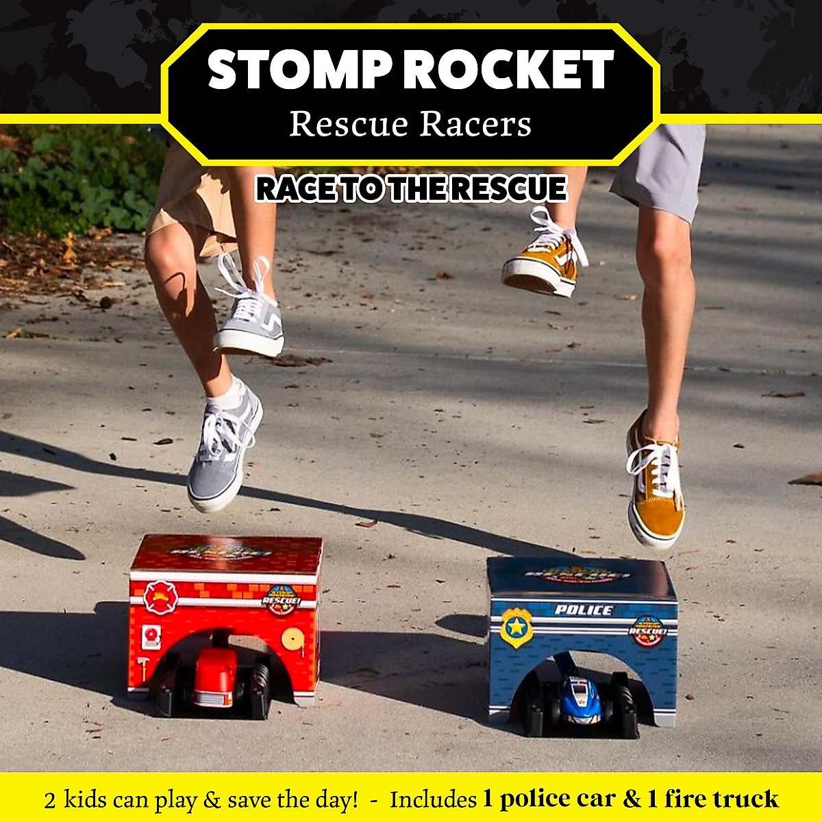 Stomp Racers Air Powered Race Cars by Stomp Rocket, Rescue Racers Pack - Dueling Stomp Racers Toy Car Launcher - Fun Backyard & Outdoor Multi-Player Kids Toys Gifts for Boys, Girls & Toddlers