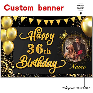 Custom Happy 36th Birthday Decorations Banner -36 Years Old Birthday Decorations Backdrop for Women Men Boys Girls - Personalization Happy 36th Birthday Party Decorations Supplies - Black and Gold