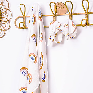 BabyWhale Muslin Swaddle Blanket with Hat and Headband Bow, Rainbow Pattern Swaddle Set for Baby Boys ＆ Girls, Newborn Soft Breathable Unisex Receiving Blanket Wrap, 47x47 inches