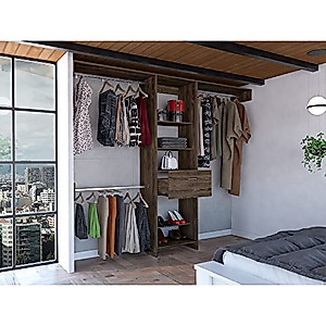 Manchester 250 Closet System with 5 Open Shelves, 1 Drawer, and 3 Metal Rods, Dark Walnut