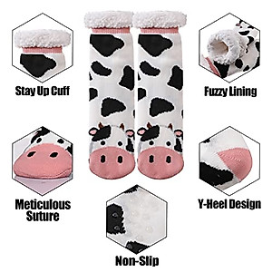 TRUEHAN Slipper Socks for Womens with Grippers Non Slip Winter Warm Fuzzy Fluffy Home Socks (White Cow)