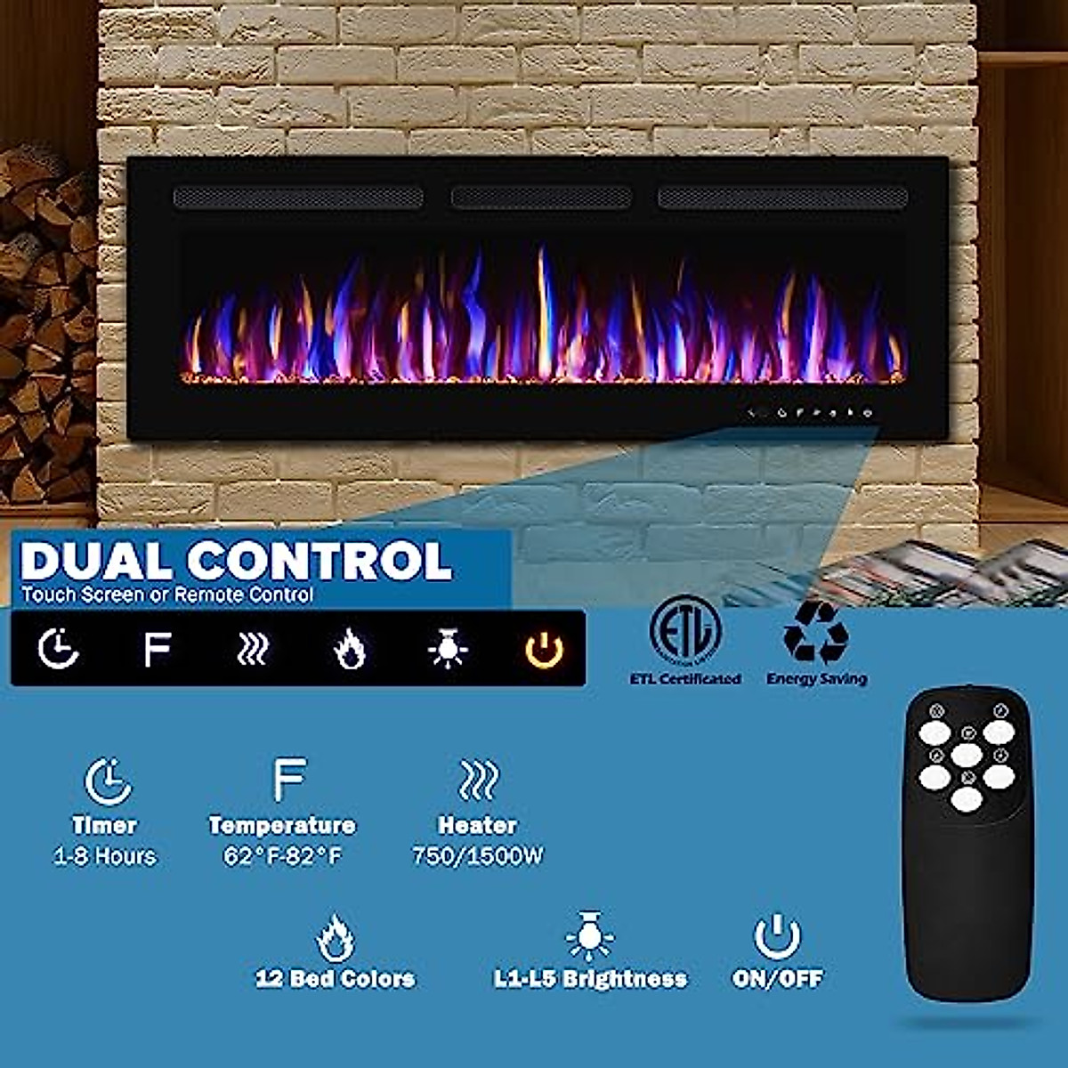 BETELNUT Electric Fireplace 50IN Wall Mounted and Recessed with Remote Control, 750/1500W Ultra-Thin Wall Fireplace Heater W/Timer Adjustable Flame Color and Brightness, Log Set & Crystal Options
