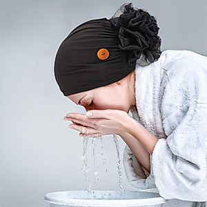 3 Pieces Bouffant Cap with Buttons Elastic Soft Flower Stretch Head Wraps for Nurses (Black, Gray, Navy Blue)