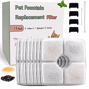 Aroundu Cat Fountain Filter Replacement 14 Packs for 84oz/2.5L Suqare Fountain 8 Filter 2 Brush 4 Sponge Included