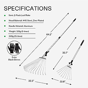 VIVOSUN 2-Pack Leaf Rake Set, Adjustable Garden Camping Rake Includes 15-Tine 64'' Rake and 9-Tine 30'' Rake, Metal Rake with Collapsing Tines and Telescopic Handle for Garden Lawn Yard Cleaning