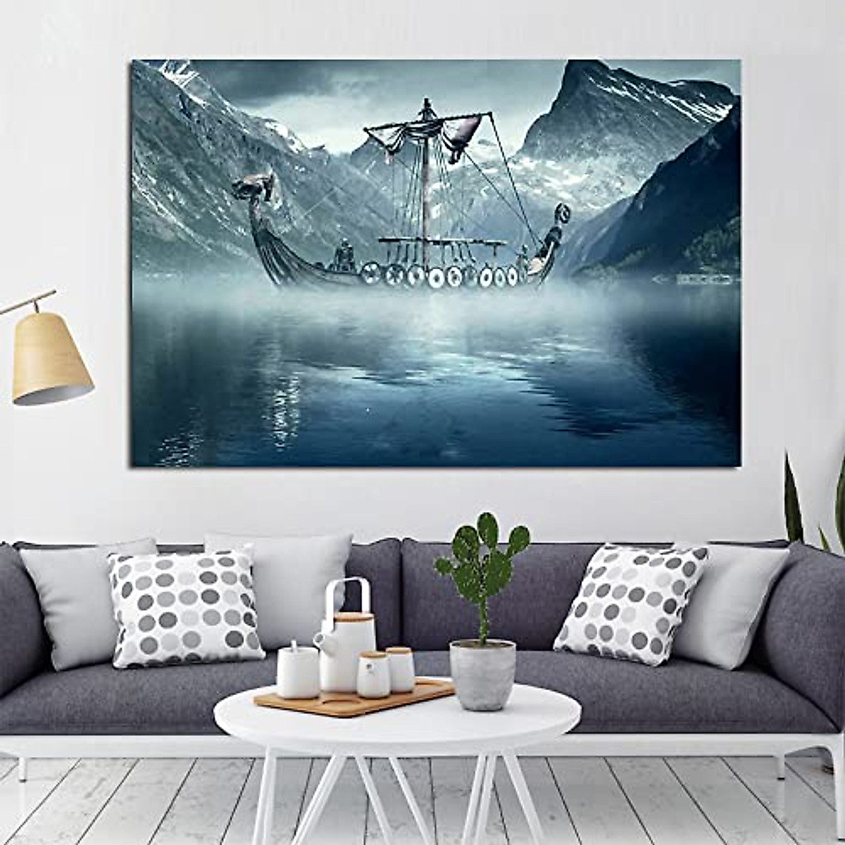 CINORD Landscape Cold North Sea Viking Long Ship Canvas Painting On The Wall Art Posters Bedroom Home Decor Living Room Prints (Framed,60x90cm)