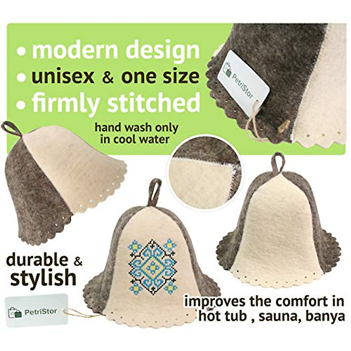 PetriStor Ukrainian Sauna Hat Ornament Blue - Hats Sauna Hat for Men - Ukraine Sauna Hat for Men - Bathhouse Hat - Natural Felt - Sauna Hat Finnish - Wool Sauna Hat for Men