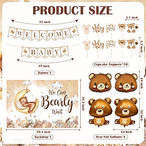 We Can Bearly Wait Baby Shower Decorations, Neutral Teddy Bear Baby Shower with Baby Shower Backdrop Tablecloth Cake Topper Balloon Garland Kit for Cute Bear Gender Reveal Decor