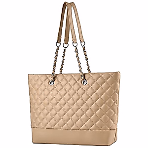 Women Quilted Shoulder Bag, Fashion Lightweight Handbags Tote Puses Designer Satchel Hobo Bag with Chain Straps (Khaki)