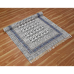 Casavani Hand Block Printed Rug Floral Blue & Beige Tassel Rug Boho Area Rug Easy Care Washable Rugs for Doormat Entryway Living Room Bedroom Hallway Balcony 12x12 Feet Square