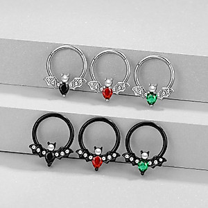 EVISPOL 1Pc 16G Halloween Bat Nose Rings for Women Men, 316L Stainless Steel Hinged Nose Ring Nose rings Hoops Bat Septum Ring CZ Septum Clicker Cartilage Earrings Daith Tragus Helix Ear Piercing Jewelry-10MM-Black-Red CZ