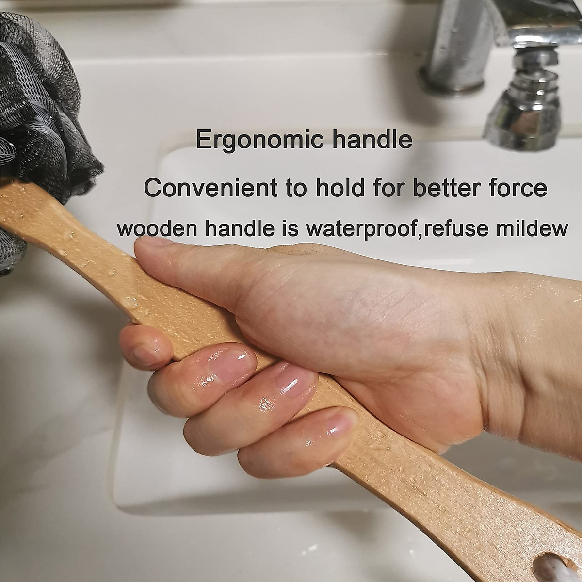 Arswin Shower Sponge Loofah Back Scrubber,Loofah on a Stick,PE Soft Mesh Loofah Body Scrubber with Wooden Handle,Bath Sponge for Women Kids (Black)