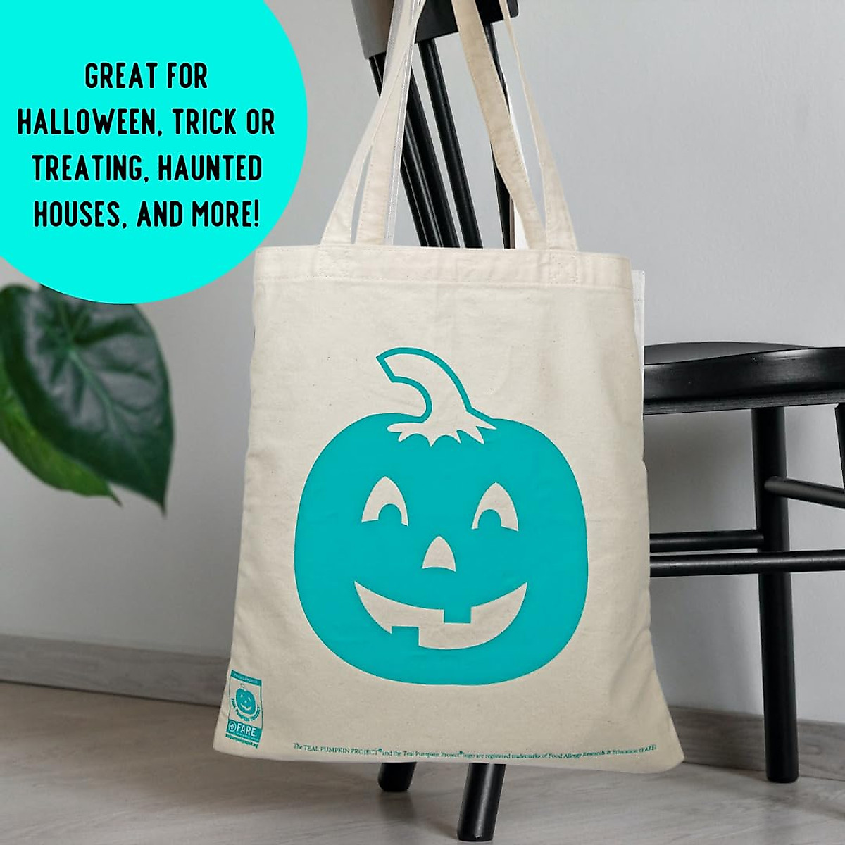 SCS Direct Teal Pumpkin Halloween Large Reusable Canvas Bag- 14" Trick or Treat Candy Tote for Adults & Kids- Official Teal Pumpkin Project Gear, Large Casual Grocery Bag for Women Men Children