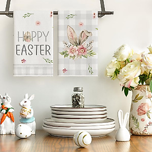 Artoid Mode Happy Easter Bunny Flower Kitchen Dish Towels, 18 x 26 Inch Seasonal Spring Easter Rabbit Ultra Absorbent Drying Cloth Tea Towels for Cooking Baking Set of 2
