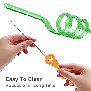 24 Reusable Jungle Animal Plastic Straws for Elephant Fox Dinosaur Giraffe Safari Birthday Party Supplies Favors,Woodland Party Gift Favor Twisted Straws with 4 Cleaning Brushes