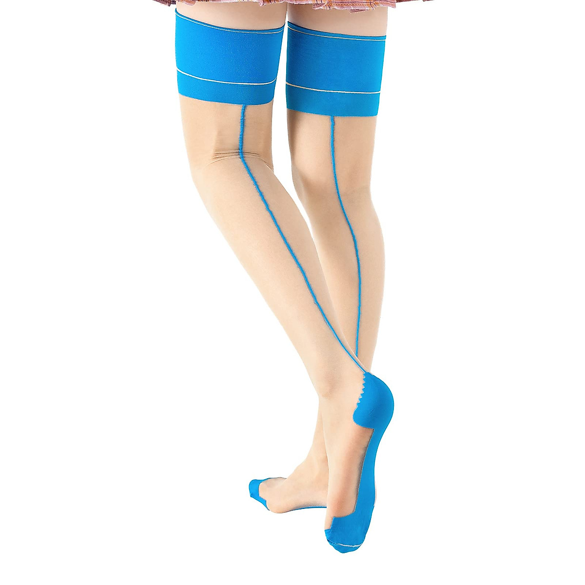 Littleforbig Backseam Thigh High Sheer Colored Silk Stockings with Colored Cuffs 2 Pairs - Blue Black