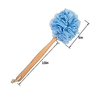 Arswin Loofah Back Scrubber for Shower, Wooden Long Handle Bath Sponge Lufa Shower Brush, Soft Nylon Mesh Back Cleaner Washer, Women & Men Exfoliating Luffa Pouf on a Stick for Body (Blue)