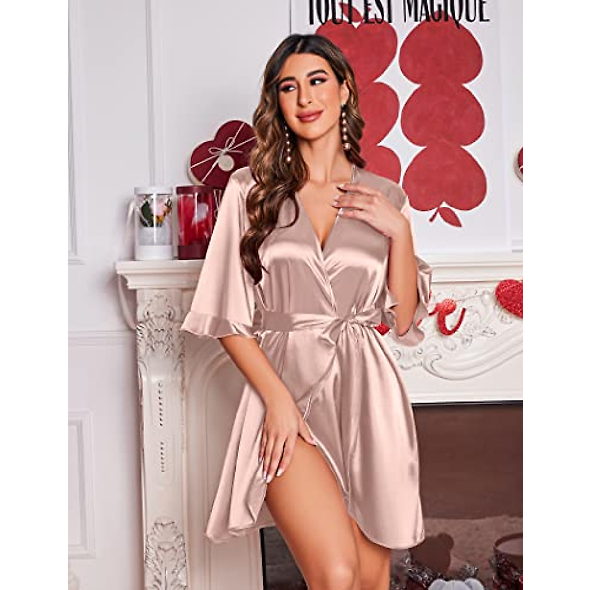 Ekouaer Women's Short Stain Robe Kimono Bathrobe Silk Soft Robe with V-Neck Short Silky Kimono XLarge