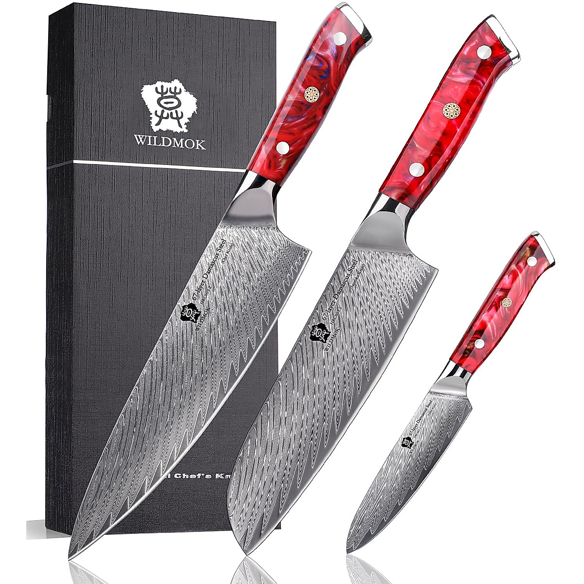 WILDMOK Damascus Kitchen Knife Sets 3 PCS, Razor Sharp Kitchen Knives Made of Japanese Damascus Steel, Well-Balanced Damascus Chef Knife set with Premium Resin Full Tang Handle Triple Rivet Gift Box