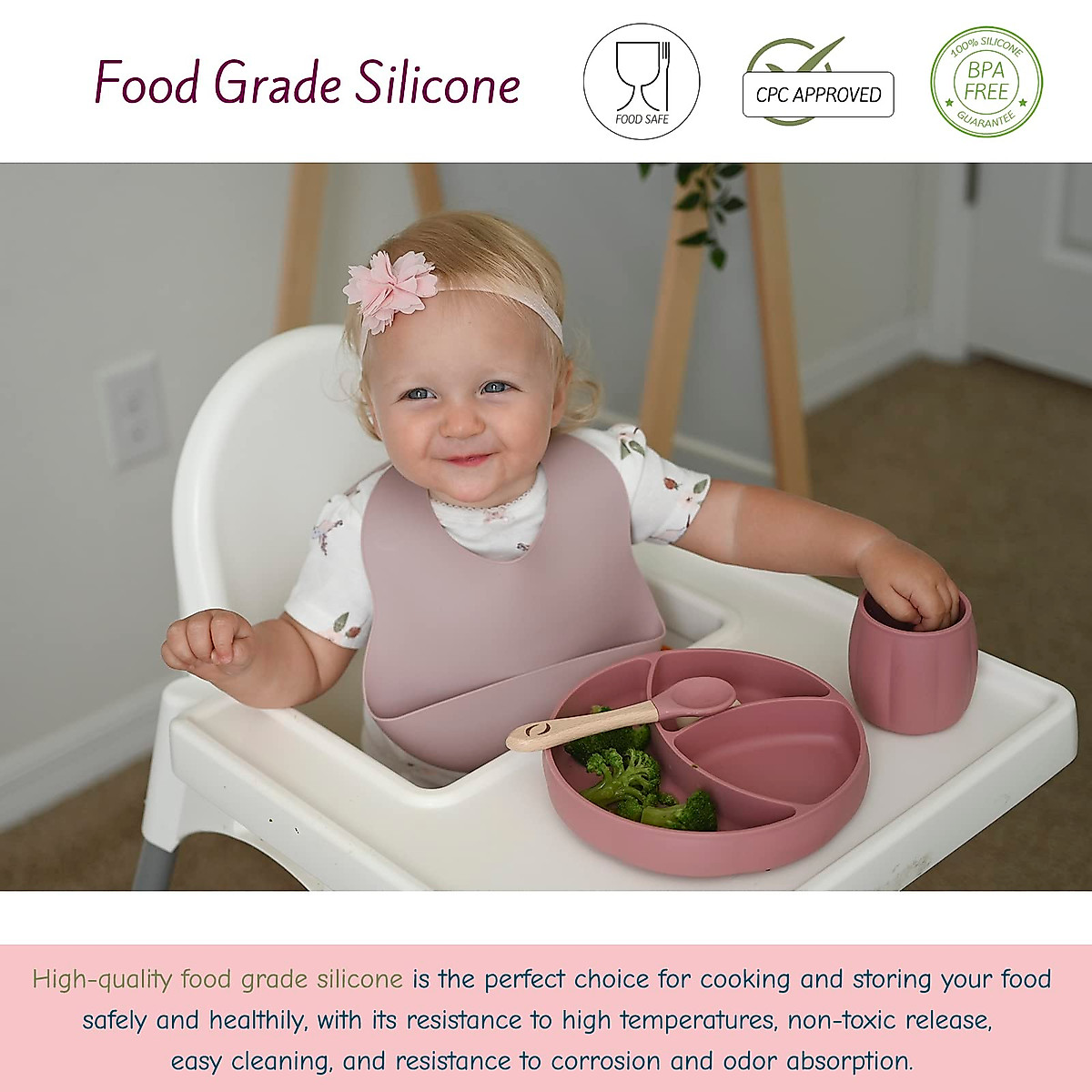 Silicone Baby Feeding Set | truku truku ® | Baby Dinnerware Set - 2 Bibs with Food Catcher, Suction Plates for Baby, Bowl, Toddler Cup, Bamboo Spoon and Fork - Rainbow Baby Gift - 7 pcs (Rose)