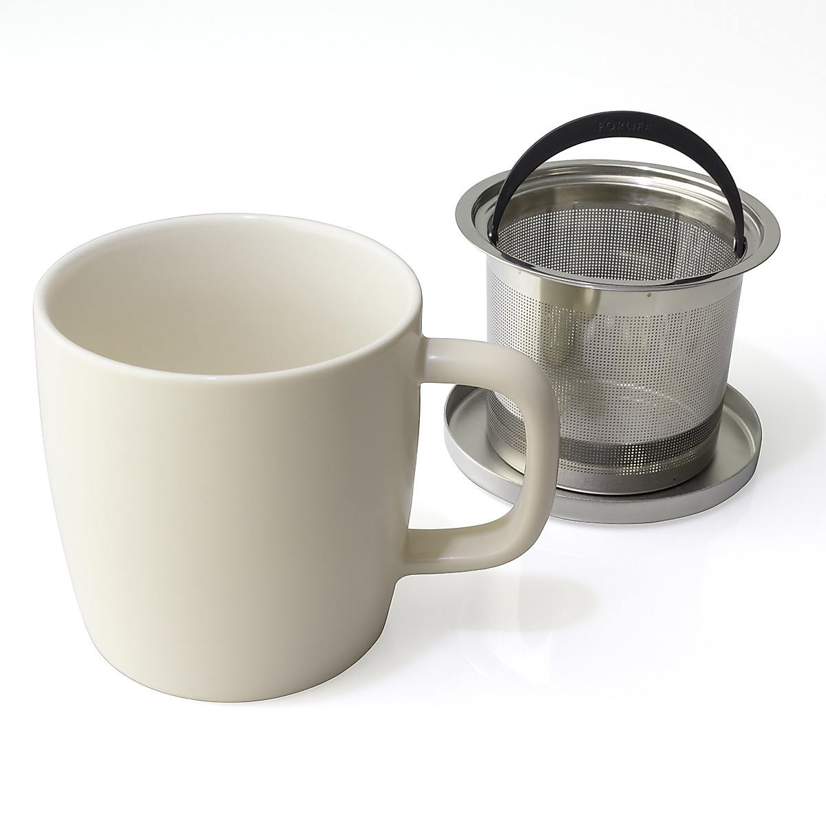 FORLIFE Dew Satin Finish Brew-In-Mug with Basket Infuser & Stainless Lid 11 oz. (Natural Cotton)