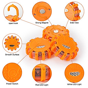 Tallew 12 Pack Flare Light LED Road Safety Flashing Warning Kit Roadside Emergency Beacon Magnet Hook Vehicle Boat Truck Disc Magnetic Flash Cars Security Driveway Automotive Strobe