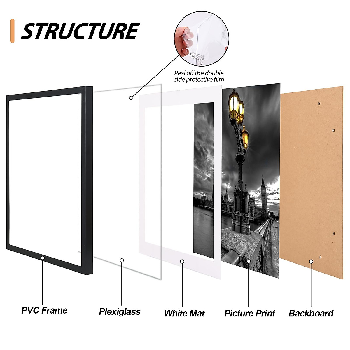 Fixwal 11x14 Picture Frame in Black, Display Pictures 8x10 with Mat or 11x14 Without Mat, Plastic Frame，Photo Frame for Wall or Tabletop Display