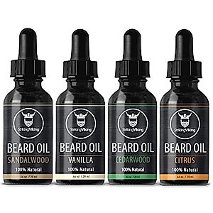Striking Viking Beard Oil 4 Pack - Softening and Conditioning Beard Oil for Men - Citrus, Vanilla, Sandalwood, & Cedarwood Variety Scents - Enriched with Argan, & Jojoba Oils
