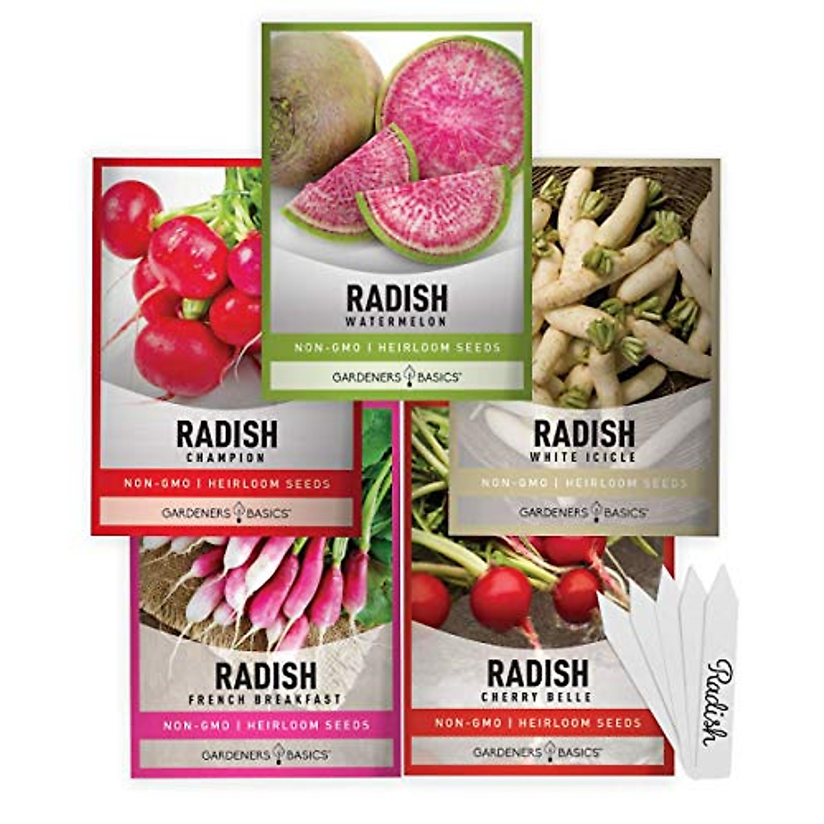 Radish Seeds for Planting 5 Individual Packets - Watermelon, French Breakfast, Champion, Cherry Belle, White Icicle for Your Non GMO Heirloom Vegetable Garden by Gardeners Basics