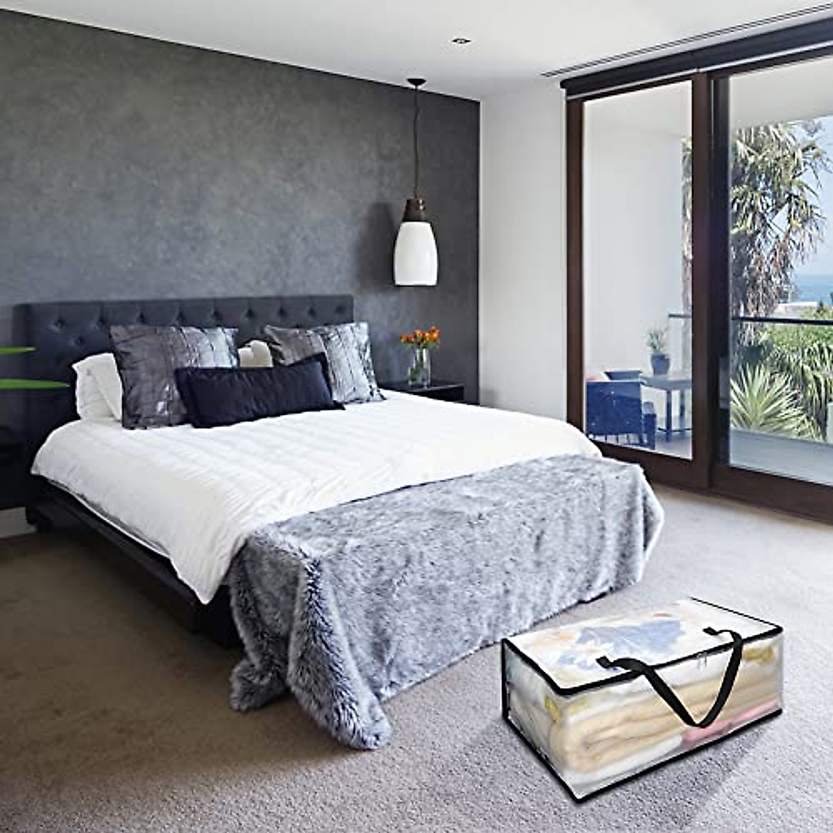 AMJ 3-Pack Clear Clothes Storage Bag with Reinforced Handle, Foldable Heavy-Duty Tote for Space Saving, Vinyl Storage Bag for Comforter, Blanket, Bedding, Duvet, Moving Totes (Clear)