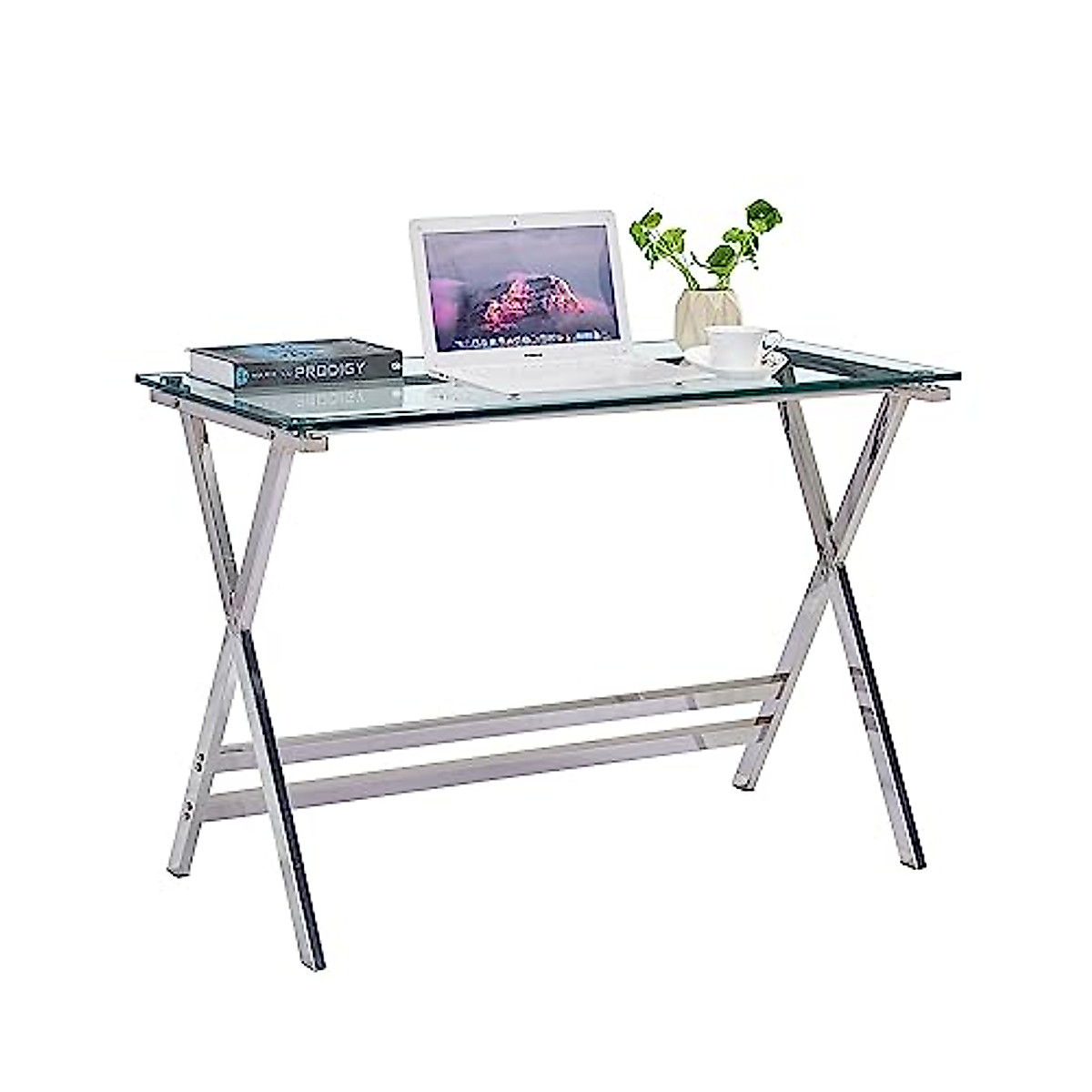 SMARTIK Modern Glass Computer Desk, Clear Study Table - Gaming Desks, Study Desk, and Workstation Table for Small Spaces - Stainless Steel Frame 43.5" x 21.7" x 29.9"
