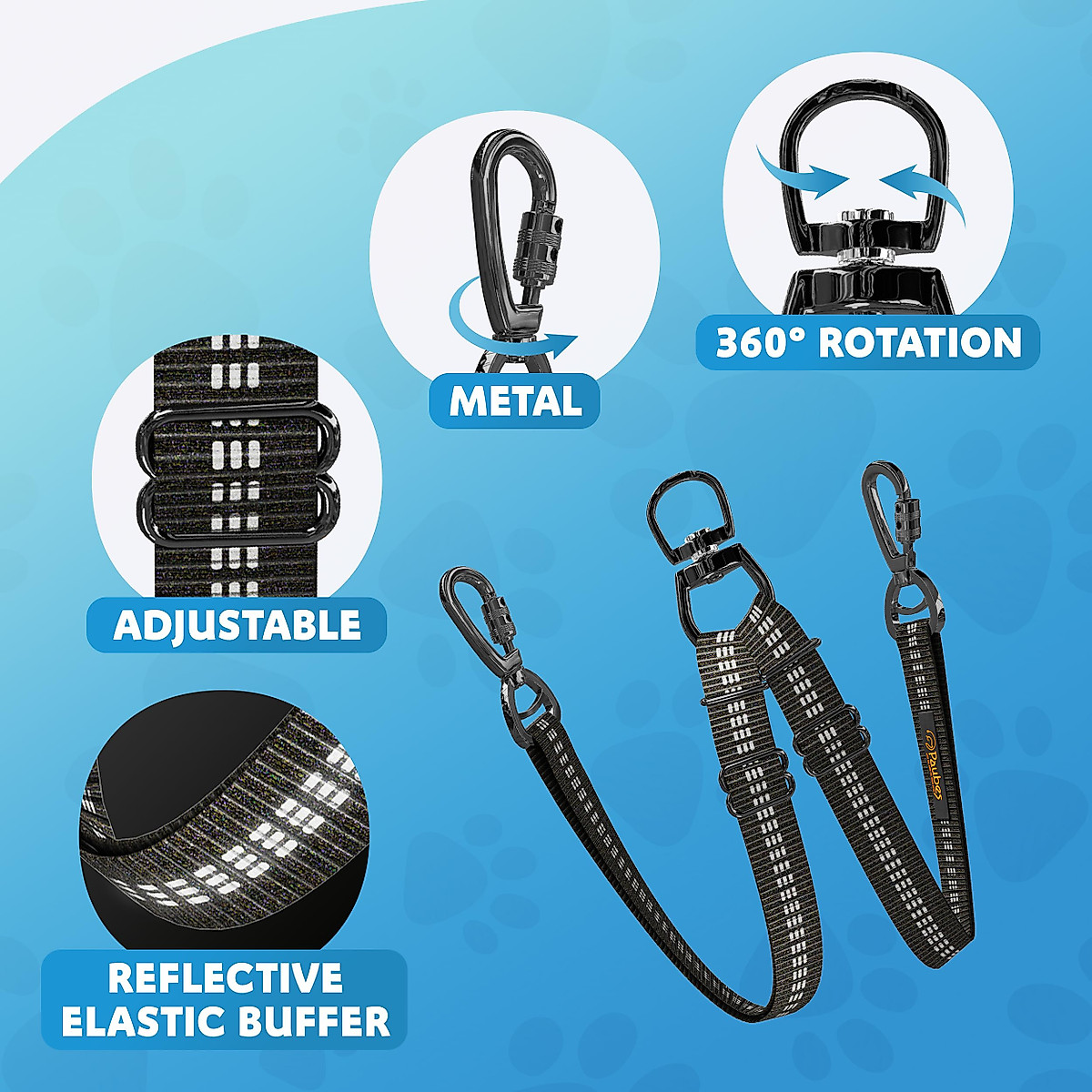 Double Dog Leash – Adjustable Length Long Leash for Dog Training – Dual Reflective Dog Leash with Non-Tangle Design – Heavy Duty Nylon and Metal Buckles – Ideal (Black, Large)