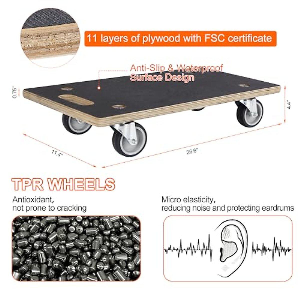 Katsuyoku furniture movers with Wheels 2 pack rectangle wood platform dolly cart 550 Lbs capacity heavy duty furniture mover carrier with 4 Wheels small moving dolly, heavy objects hauling