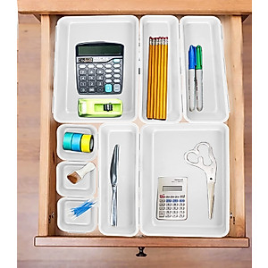 HOME-X Connecting Organizer Trays, Set of Interlocking Adjustable Trays for Organizing Office Supplies and Kitchen Utensil Drawers, Set of 8, 3 Sizes, White