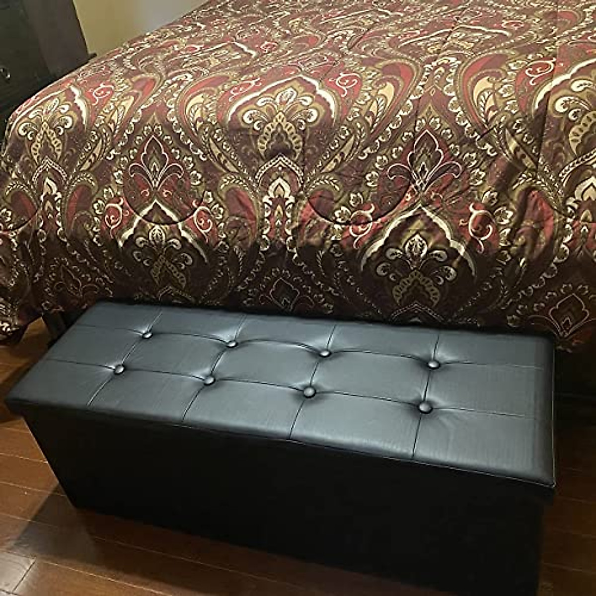 KEYWORD FAMILY 43 in Folding Leather Storage Ottoman Bench, Rectangular Black Footrest， Foam Pouf Tray Footstool with Storage, for Living Room, Bedroom& Hallway