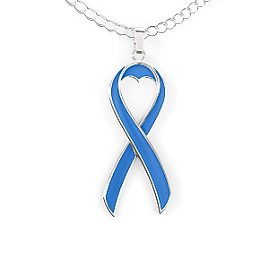 Happy Kisses Cancer Awareness Necklace - Ribbon Pendant, “Together We Are Tougher Than Cancer” - Gift for Women (Dark Blue Colon Cancer)