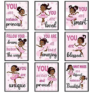 9 Pcs Black Ballerina Wall Decor Black Toddler Girl Wall Art Motivational African Little Girls Pink Room Decor for Positive Pink Bedroom Wall Decor Ballerina African American Toddler Quotes Posters