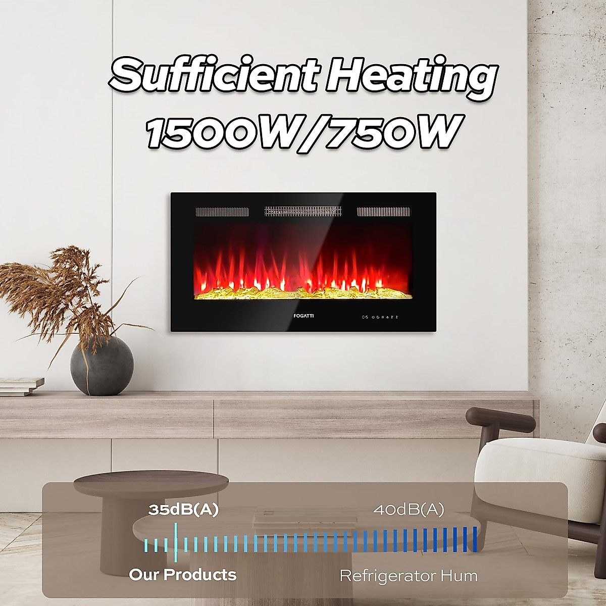 FOGATTI Electric Fireplace 30 Inch Wall Mounted and Recessed, RV Electric Fireplace, Remote Control with Timer, Fireplace Heater, Realistic 7 Color Flame, Crystals & Driftwood Options