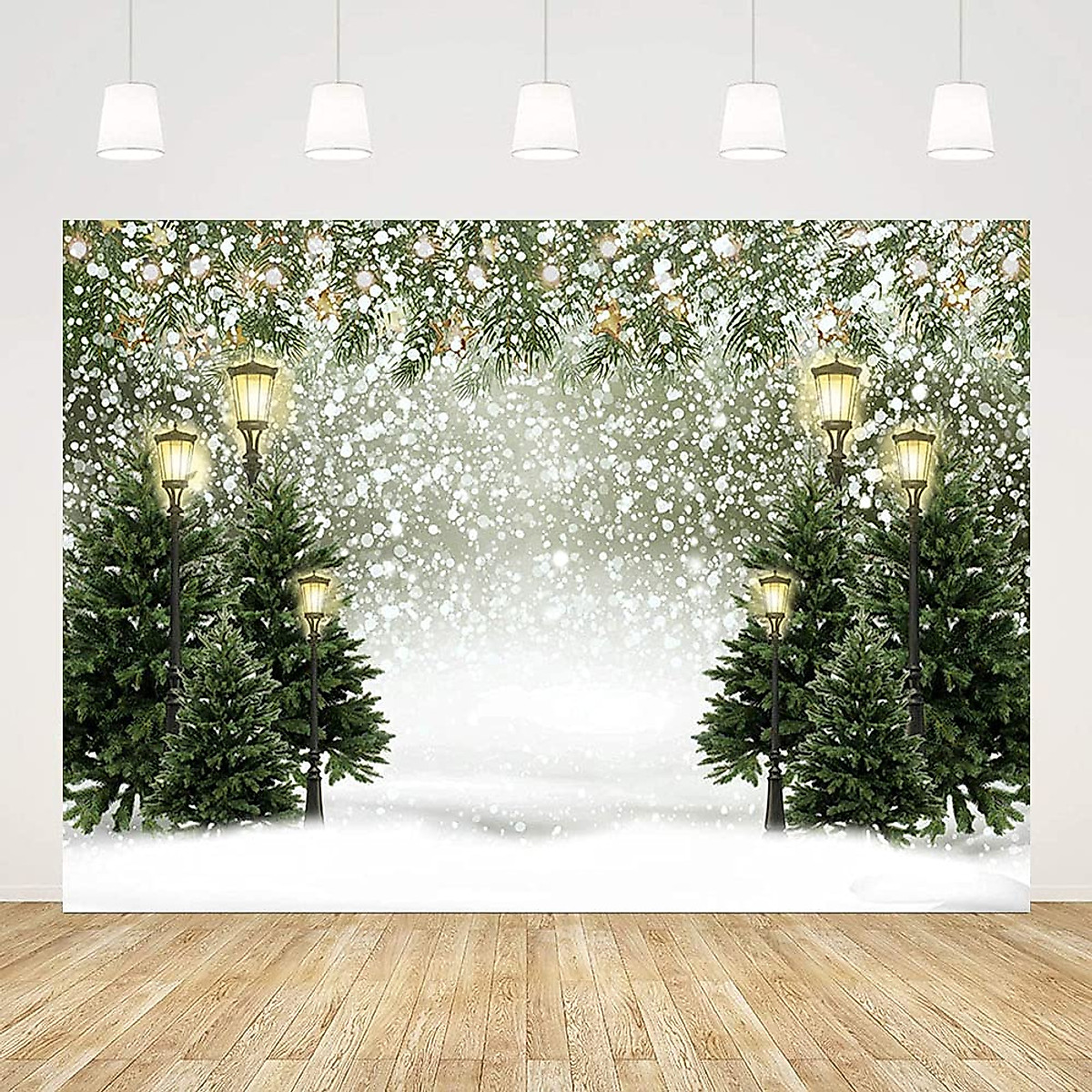 MEHOFOND Winter Christmas Tree Snowflake Photography Background Street Lamp Xmas Birthday Decoration Snowflake Banner Photo Backdrop Booth Props Vinyl 8x6ft