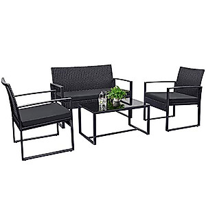 Tuoze 4 Pieces Patio Furniture Set Outdoor Patio Conversation Sets Modern Porch Furniture Lawn Chairs with Glass Coffee Table for Home Garden Backyard Balcony (Black)