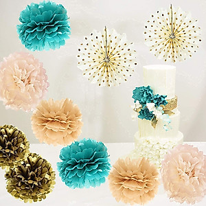 Teal Gold Birthday Decorations Women/Turquoise Teal Women Birthday Party Decorations Polka Dot Fans Teal Gold Balloons for Teal Gold Birthday Party Supplies